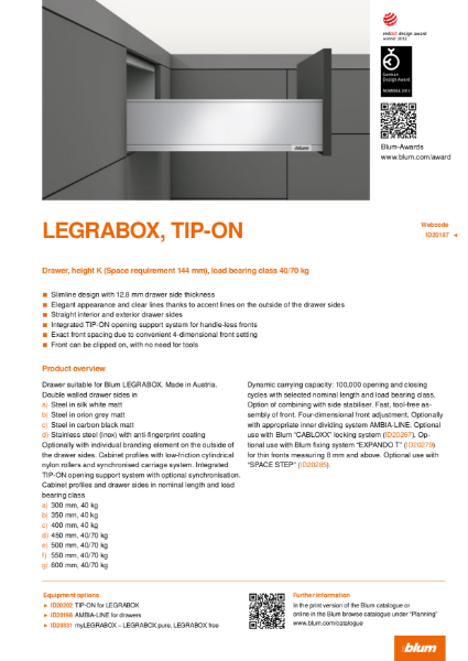 LEGRABOX TIP-ON K Height Specification Text | Blum UK | NBS Source