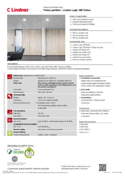Timber partition - Lindner Logic 100 Timber Datasheet | NBS Source