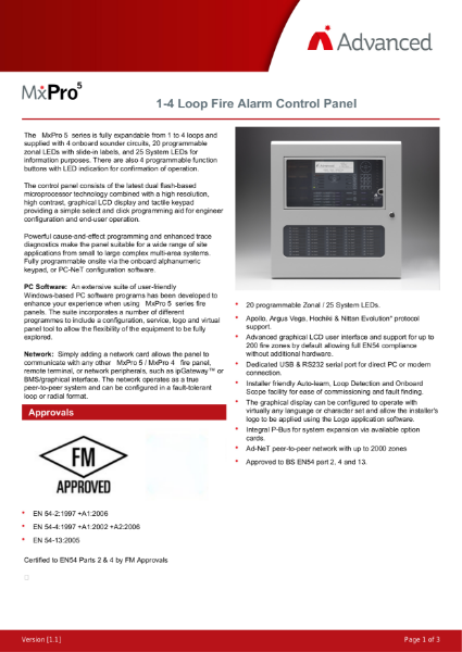 Datasheet - MxPro 5 Fire Alarm Control Panel 1-4 Loops | NBS Source