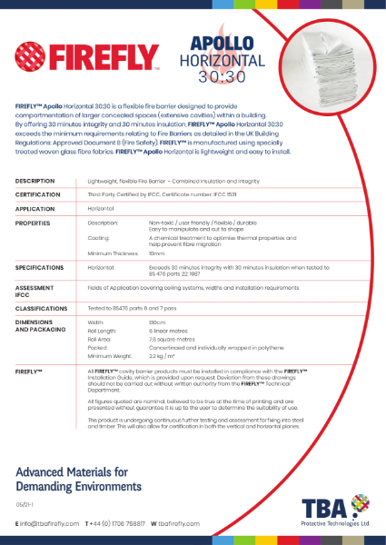 FIREFLY™ Apollo Horizontal 30:30 Fire Barrier - Data Sheet | NBS Source