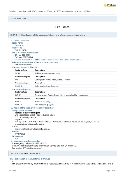 Material Safety Data Sheet - Proteus Pro-Force | NBS Source