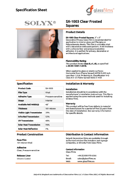SX-1003 Clear Frosted Squares Specification Sheet | NBS Source
