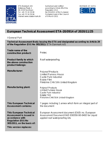 Protec System ETA | Polyroof Products Ltd | NBS Source