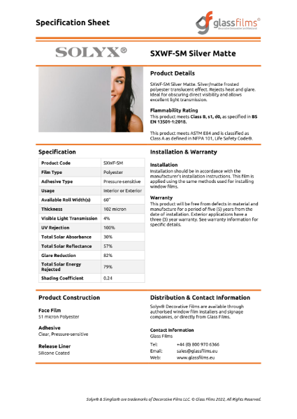 SXWF-SM Silver Matte Specification Sheet | NBS Source