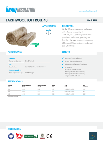 Knauf Insulation Loft Roll 40 Insulation Data Sheet | NBS Source