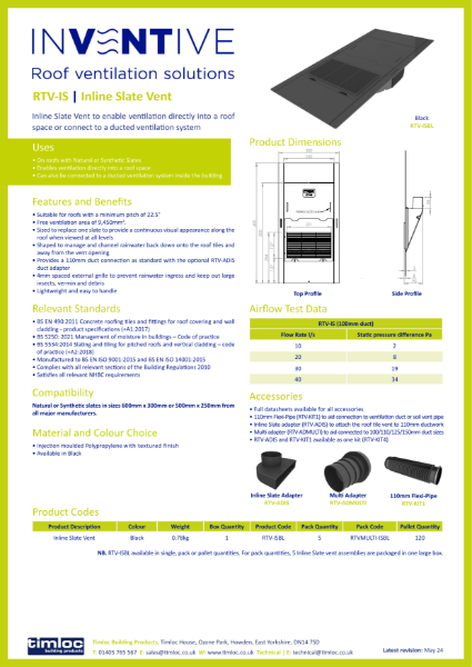 Timloc Building Products RTV-IS Inline Slate Vent Datasheet | NBS Source