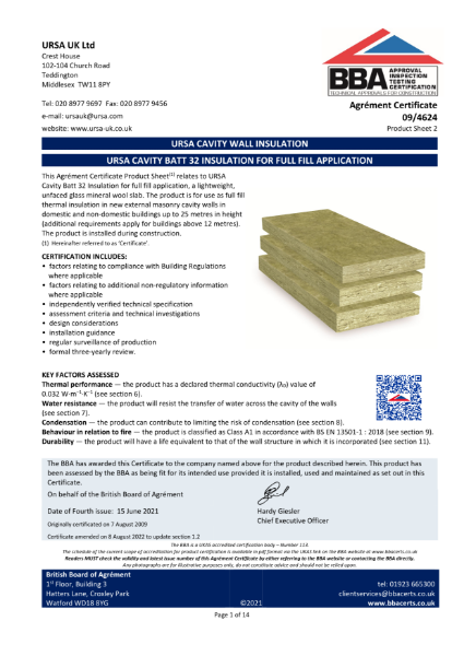 URSA CAVITY BATT 32 for use as full and partial fill cavity wall ...
