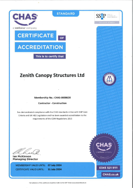CHAS Certificate of Accreditation | Zenith Canopy Structures | NBS Source