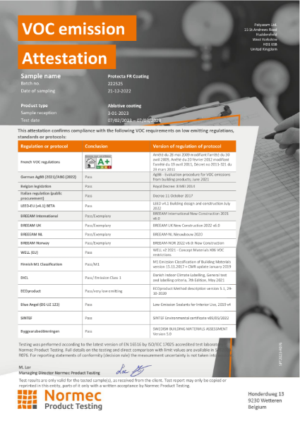 Protecta FR Board VOC Emission Attestation | Protecta (Polyseam Ltd ...