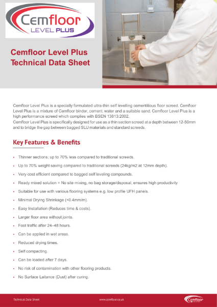 Cemfloor - Liquid Screed - Level Plus | Cemfloor Liquid Screeds | NBS Source
