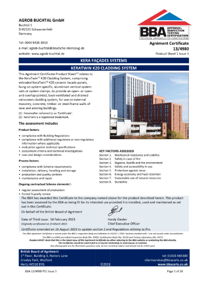 KeraTwin K20 BBA Certificate | EH Smith Architectural Solutions | NBS ...