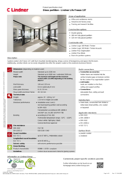 Glass partition - Lindner Life Freeze 137 Datasheet | NBS Source