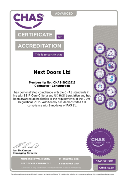 CHAS certificate | Next Doors Ltd | NBS Source