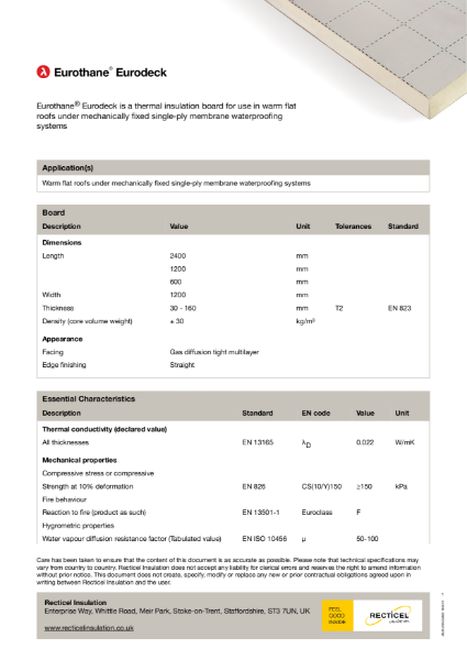 Eurothane Eurodeck flat roof insulation technical datasheet | NBS Source