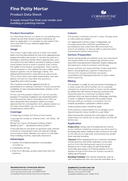 Fine Putty Mortar - Product Data Sheet | NBS Source