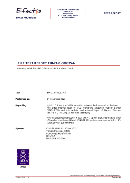 Fire Test Report EUI-21-B-000335-A | Kingspan Insulation | NBS Source