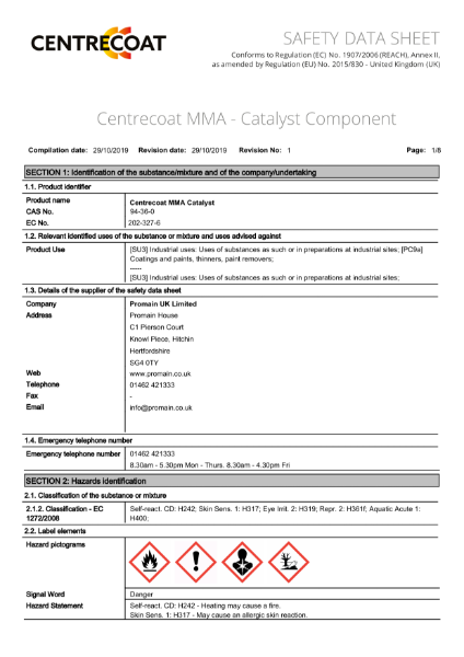Centrecoat MMA Road Line - Safety Data Sheet Part B | Promain UK Ltd | NBS Source