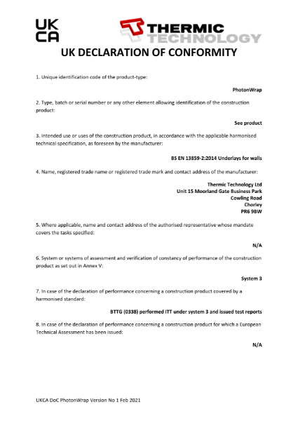 PhotonWrap (standard) UKCA DoC | Thermic Technology Ltd | NBS Source