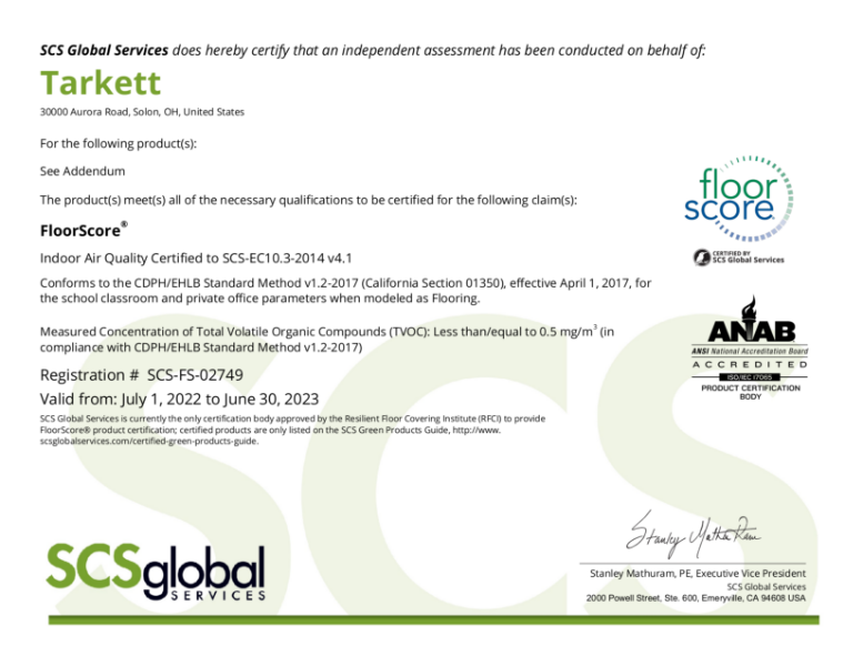 Floorscore Certificate - Tarkett Linoleum | Tarkett | NBS Source