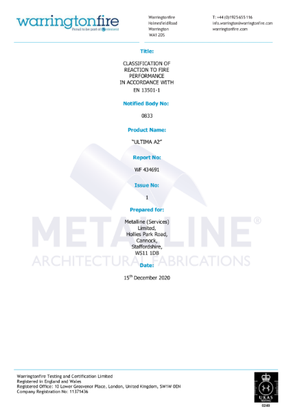 Warrington Fire - ULTIMA A2 EN13501 FP | Metalline Architectural ...