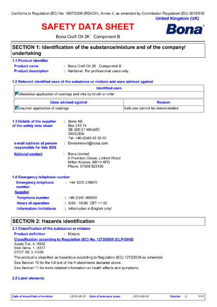 Bona Craft Oil 2K - Component B (Hardener) Safety Data Sheet | NBS Source