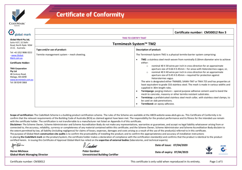 CodeMark - Certificate of Conformity | Termimesh | NBS Source