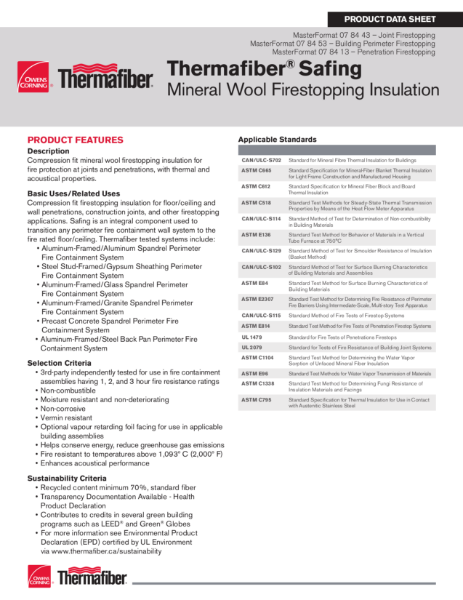 Thermafiber Safing Mineral Wool Insulation Data Sheet | NBS Source