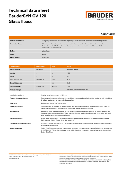 BauderSYN GV 120 Glass Fleece Protection Layer | Bauder Ltd | NBS Source