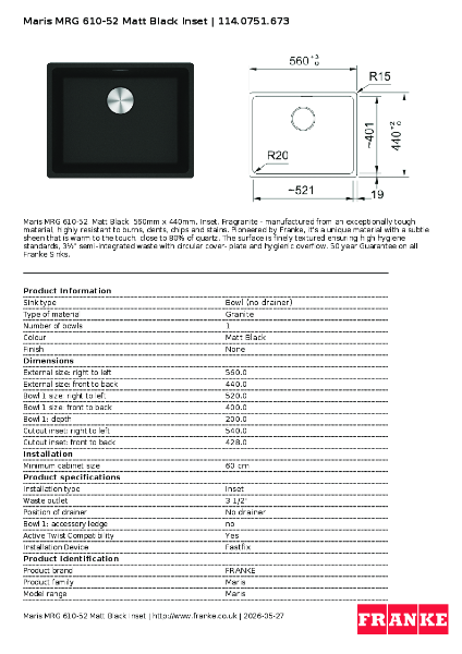 Product Sheet 114.0751.673 | Franke UK Ltd | NBS Source