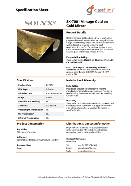 SX-7001 Vintage Gold on Gold Mirror Specification Sheet | NBS Source