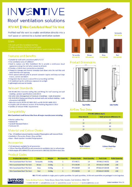 Timloc Building Products RTV-MC Mini Castellated Roof Tile Vent Datasheet | Timloc Building ...