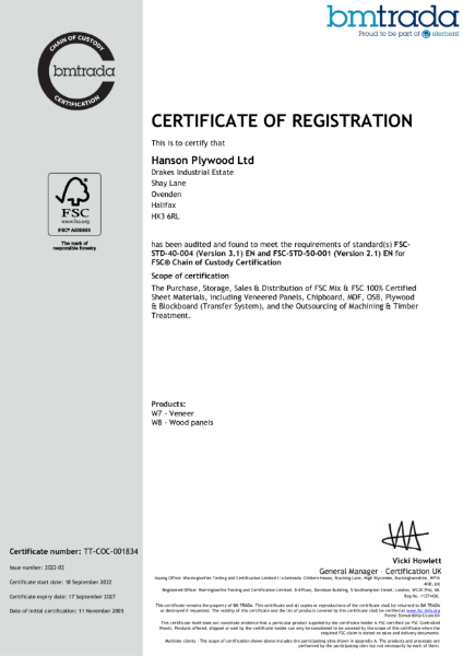 FSC Chain of Custody Certificate | Hanson Plywood Ltd | NBS Source