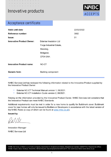 Siderise CT - NHBC 'Accepts' Certificate | Siderise Group | NBS Source