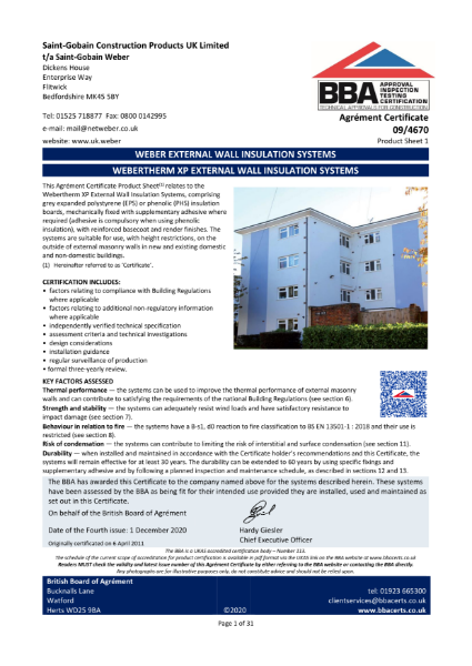 BBA Agrément Certificate (09/4670) Product Sheet 1 (webertherm XP with ...
