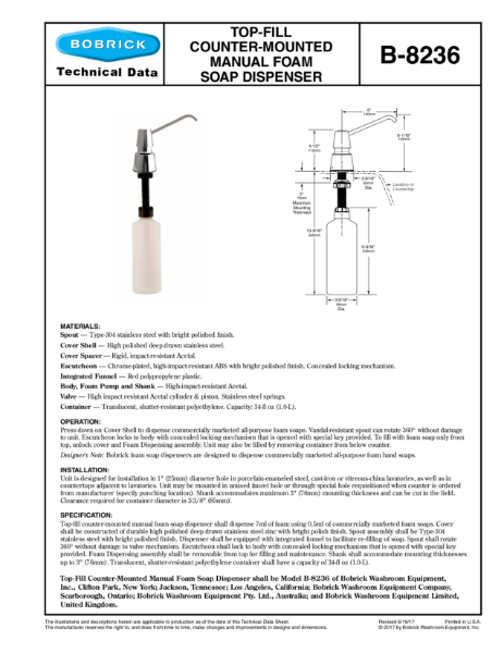 Top-Fill Counter-Mounted Manual Foam Soap Dispenser - B-8236 | NBS Source