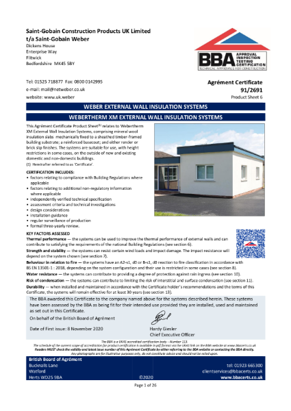 BBA Agrément Certificate (91/2691) Product Sheet 6 (webertherm XM with ...