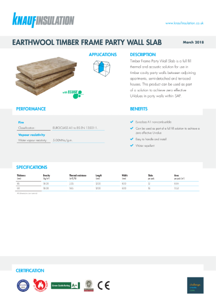 Knauf Insulation Timber Frame Party Wall Slab Insulation Data Sheet ...