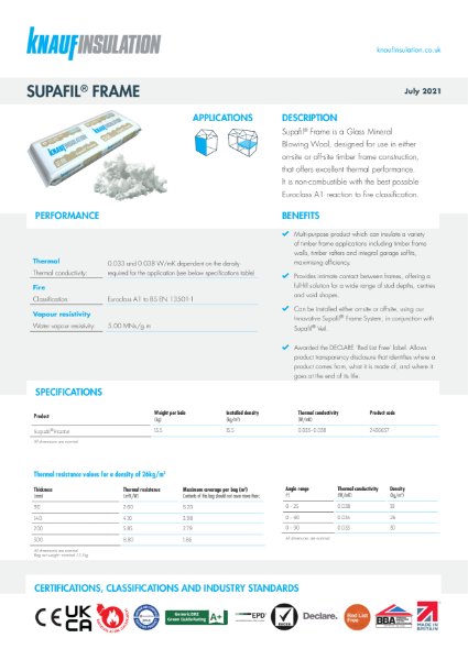 Knauf Insulation Supafil® Frame - Product Datasheet | NBS Source