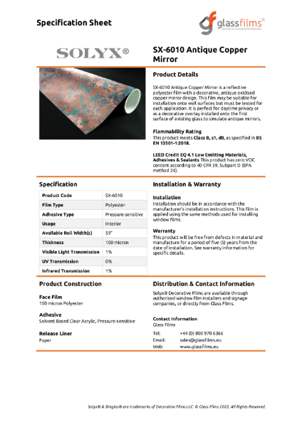 SX-6010 Antique Copper Mirror Specification Sheet | NBS Source