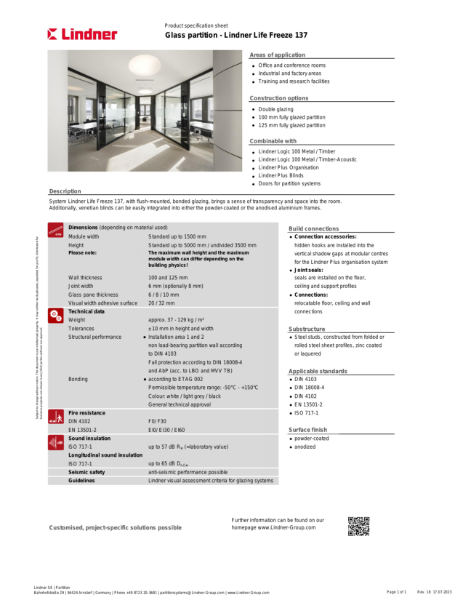 Glass partition - Lindner Life Freeze 137 Datasheet | NBS Source