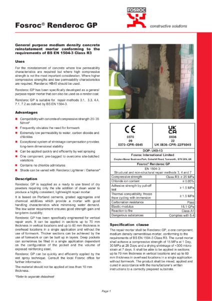 Renderoc Gp Technical Datasheet Fosroc International Limited Nbs Source
