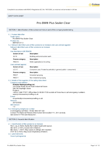 Material Safety Data Sheet - Proteus Pro-BW® Plus Sealer | NBS Source