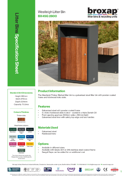 Westleigh Timber Slatted Litter bin Specification Sheet | NBS Source