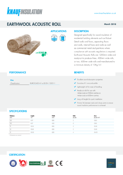 Knauf Insulation Acoustic Roll Insulation Data Sheet | NBS Source