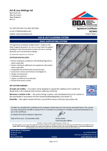 AxiAL Support Systems - BBA Certificate | Ash & Lacy | NBS Source
