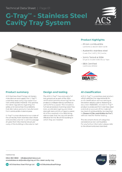 ACS G-Tray™ A1 Non Combustible Cavity Tray | ACS Stainless Steel ...