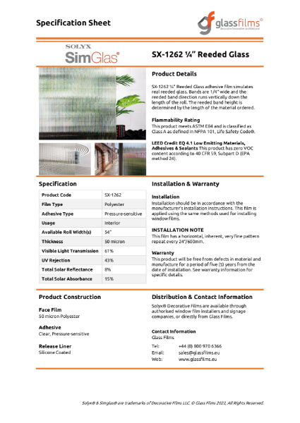 SX-1262 1/4" Reeded Glass Specification Sheet | Glass Films Europe ...