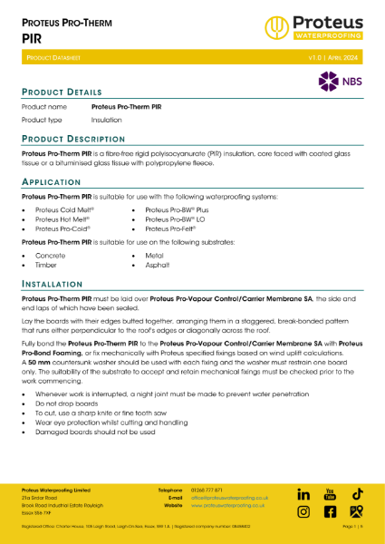 Product Data Sheet - Proteus Pro-Therm PIR | NBS Source