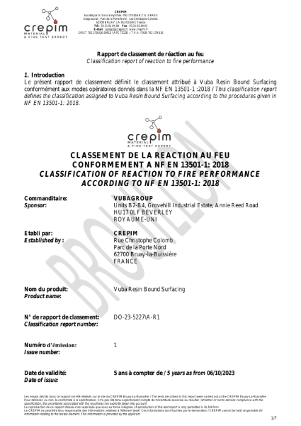 CLASSIFICATION OF REACTION TO FIRE PERFORMANCE ACCORDING TO NF EN 13501 ...