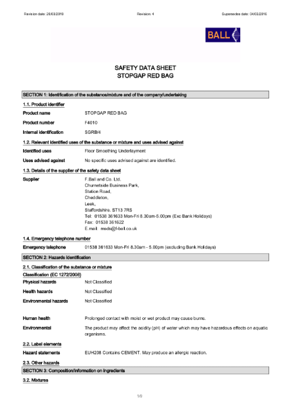 Stopgap Red Bag SDS | Ball, F and Co Ltd | NBS Source